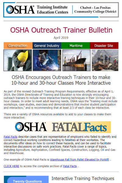 Outreach Program News – OSHA Safety Compliance Training for the ...